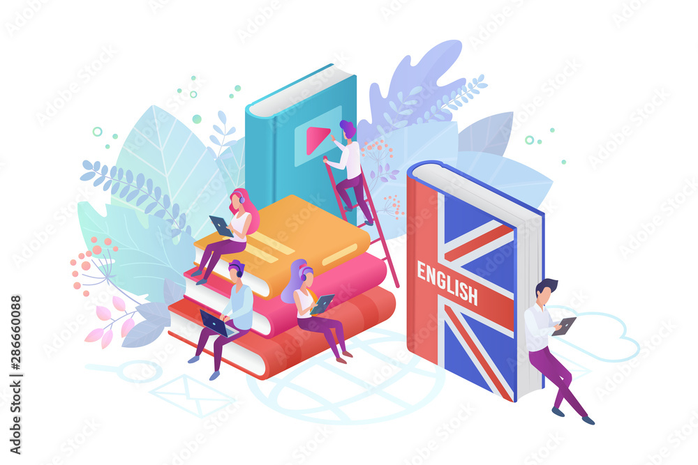 Students learning English isometric vector illustration. Pupils reading ...