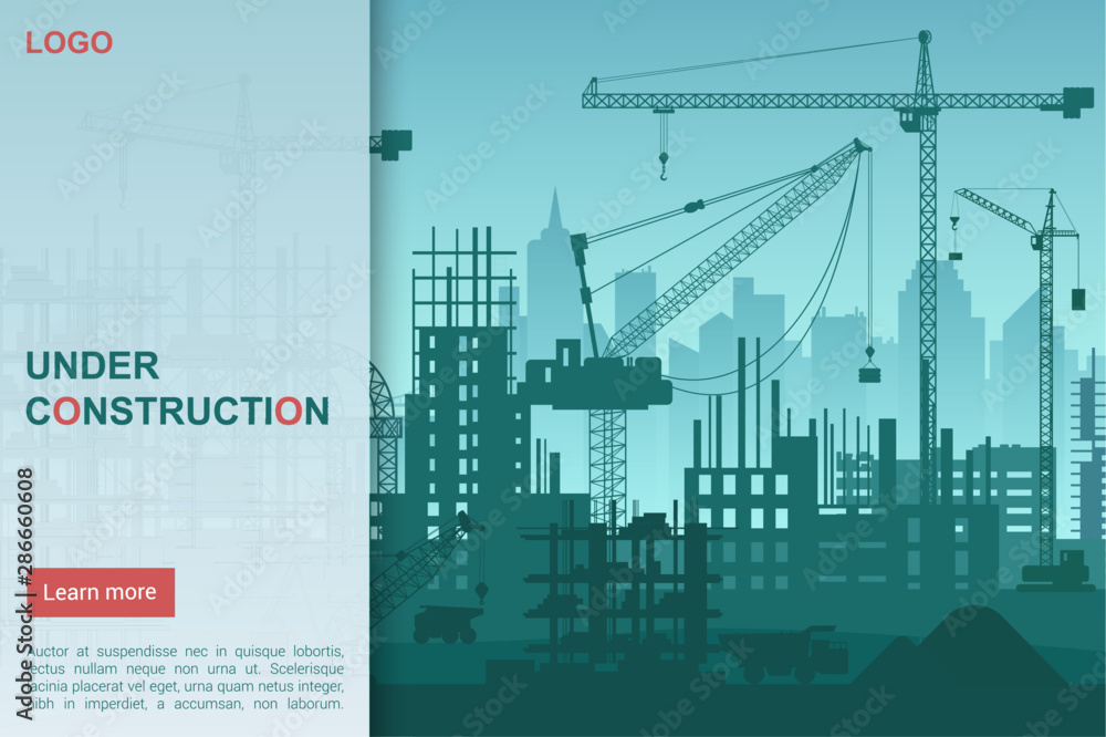 Construction works flat vector landing page template. Building cranes ...