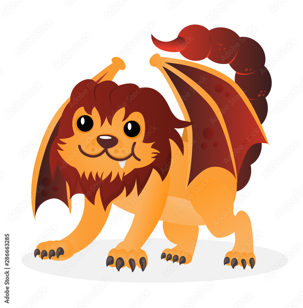 Cartoon happy cute vector little playful manticore. Funny chimera or ...