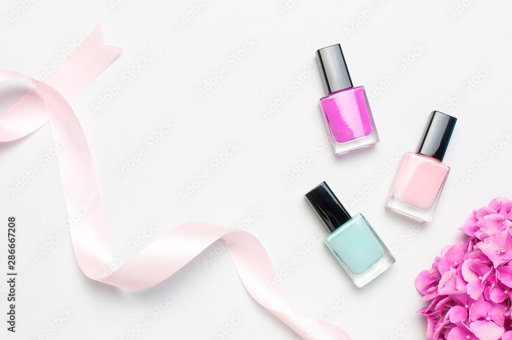 Decorative cosmetics, nail polish. Set of different varnishes for ...