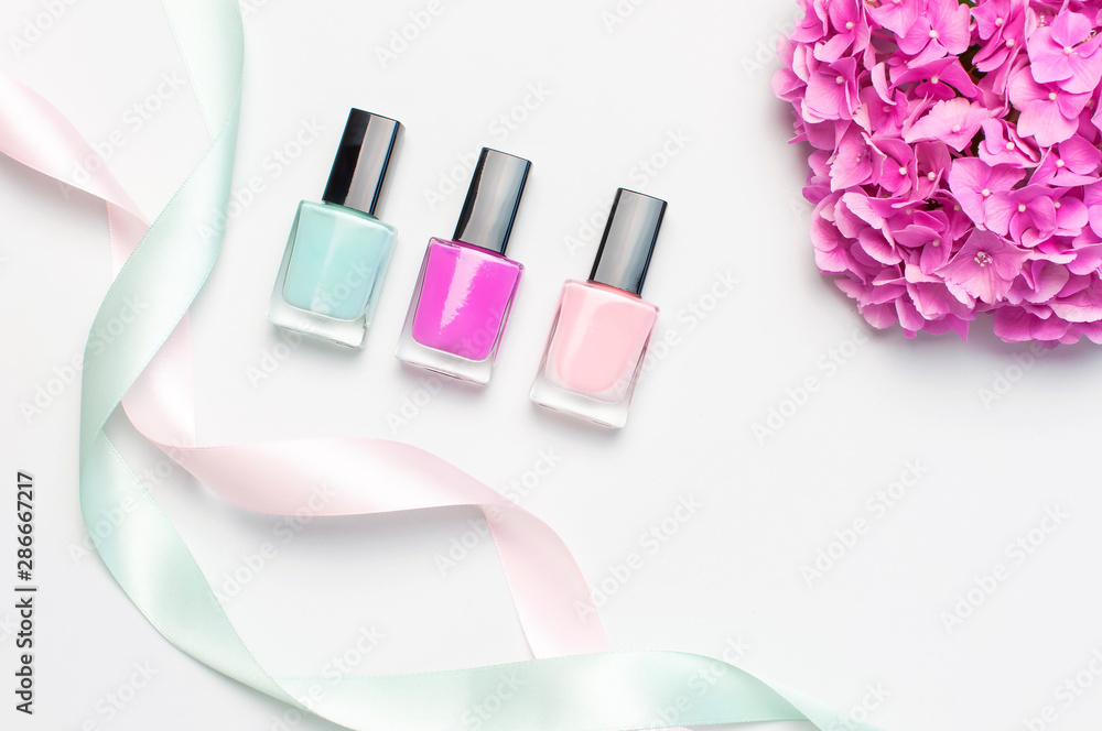Decorative cosmetics, nail polish. Set of different varnishes for ...