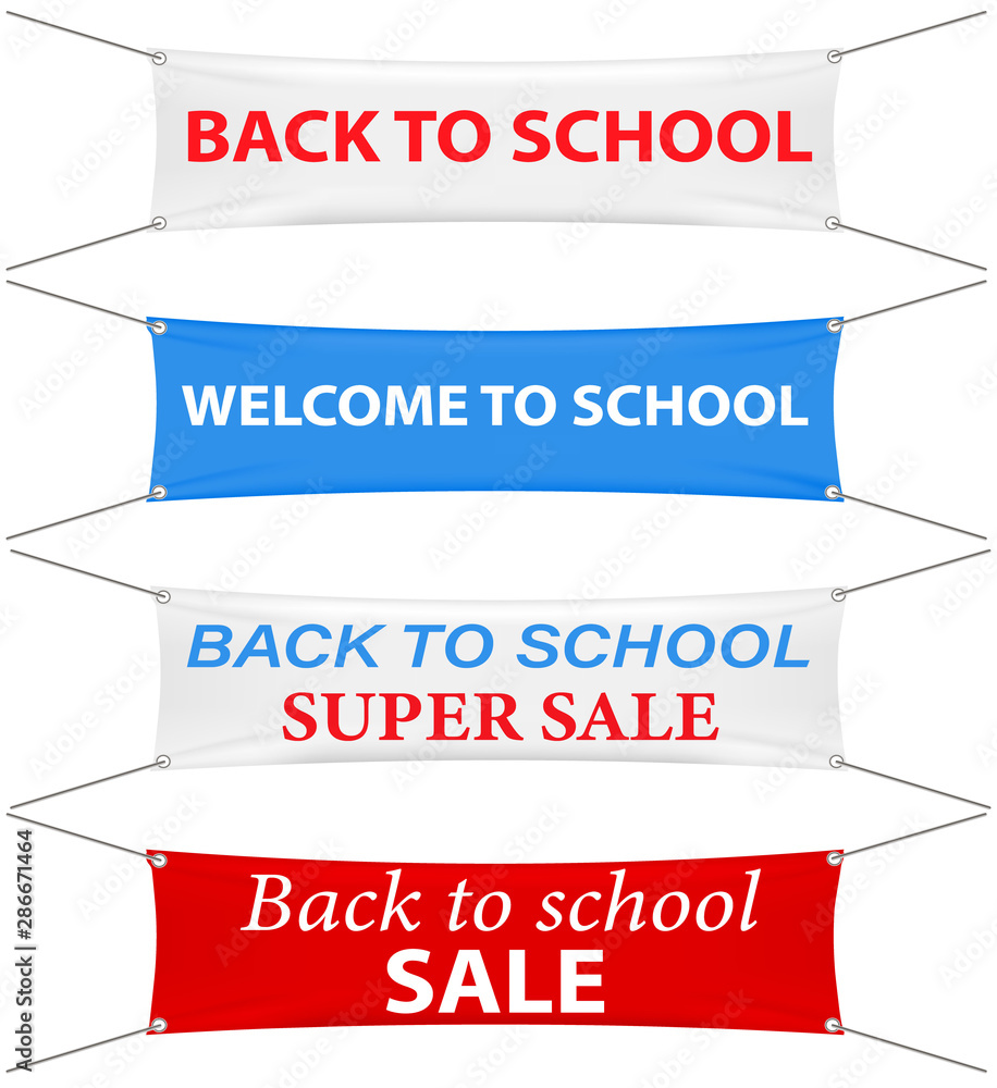 White, blue and red fabric banners set with Back to school text ...