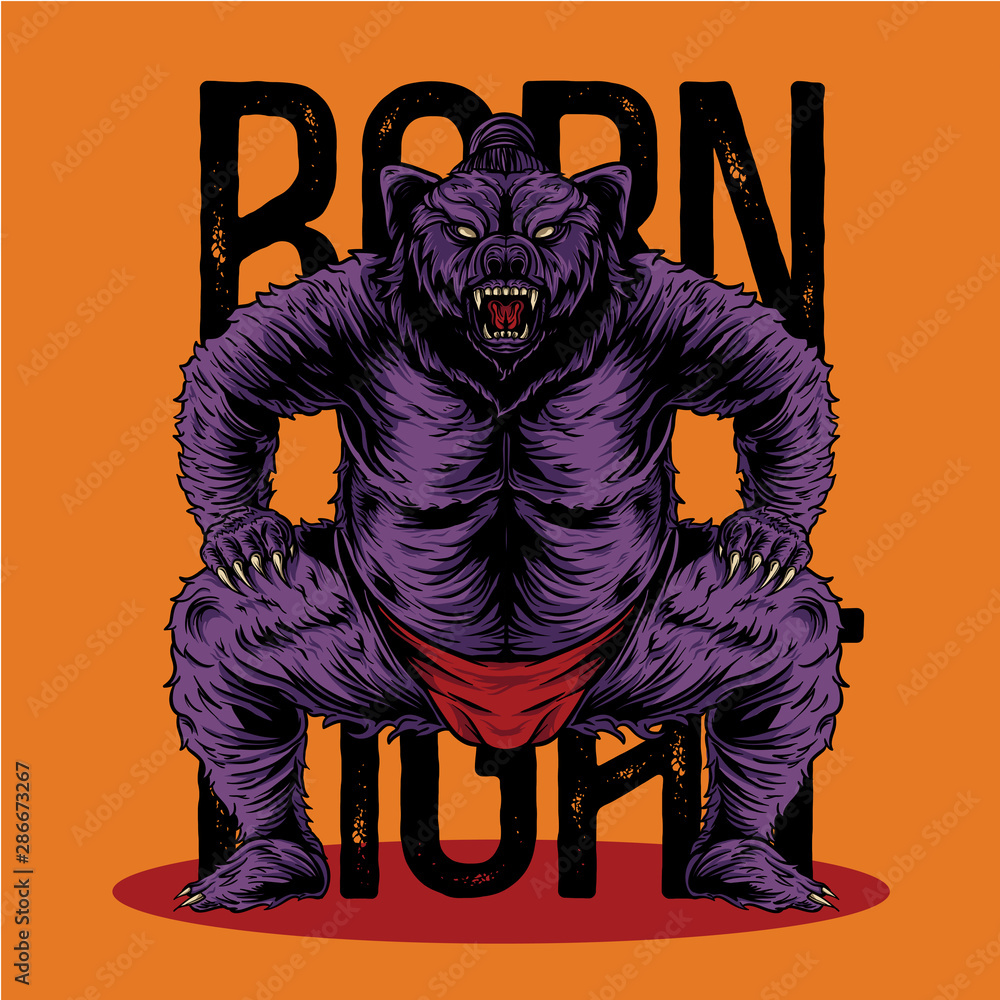Sumo bear japanese style vector illustration. Angry bear hand drawn for ...