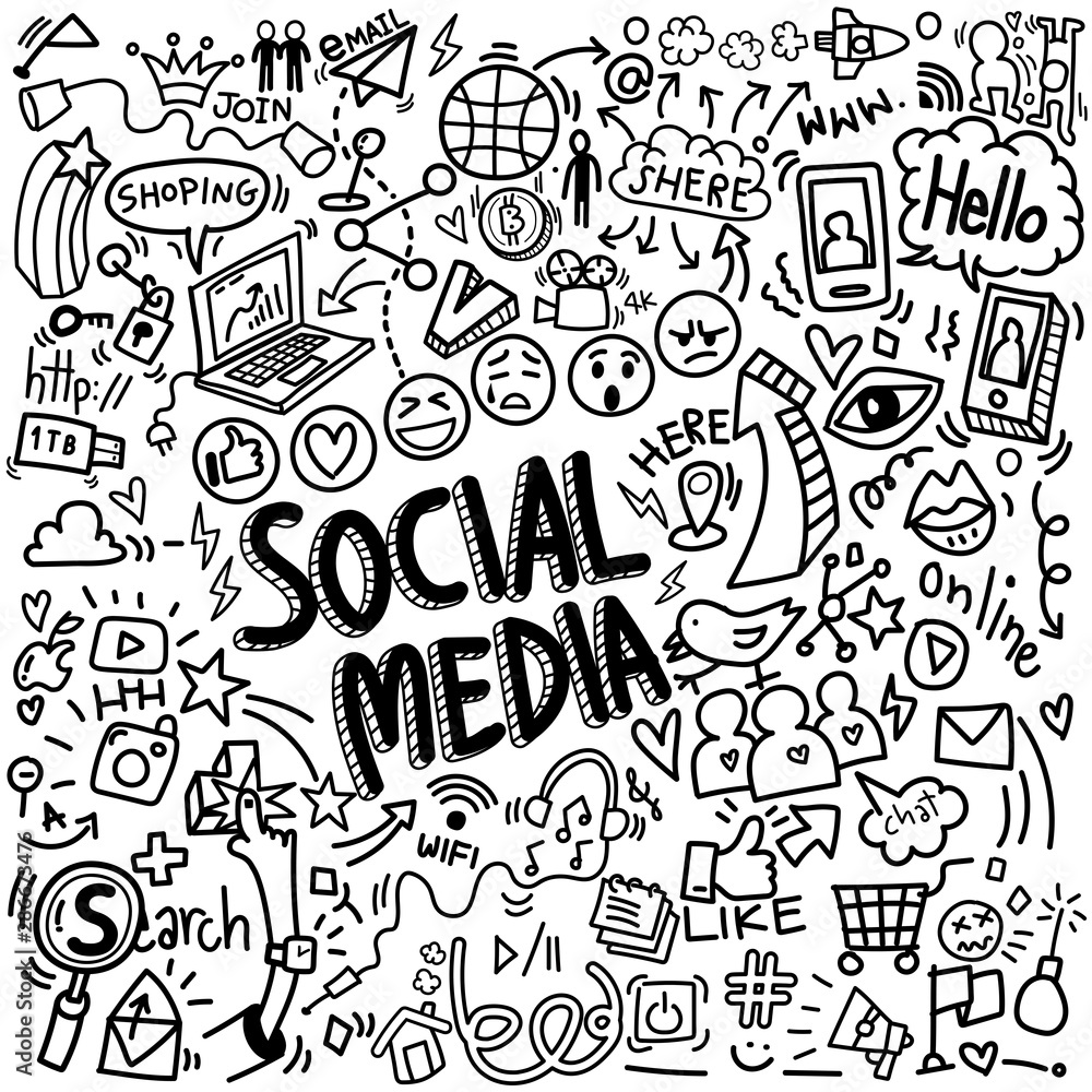 Vector Of Objects And Symbols On Social Media Element Doodles Sketch 