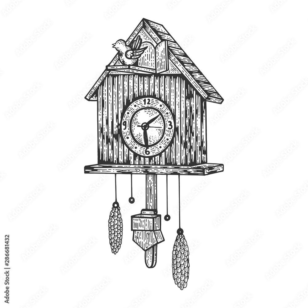 Cuckoo clock watch sketch engraving vector illustration. Scratch board ...