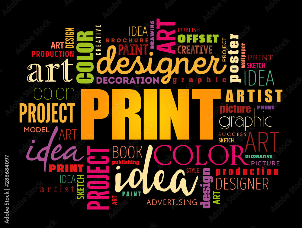 PRINT word cloud, creative business concept background Stock Vector ...