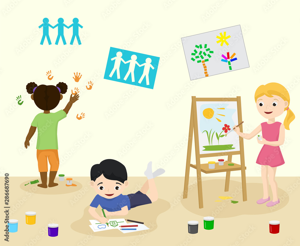 Kids in kindergarden draw and paint in art class vector illustration ...