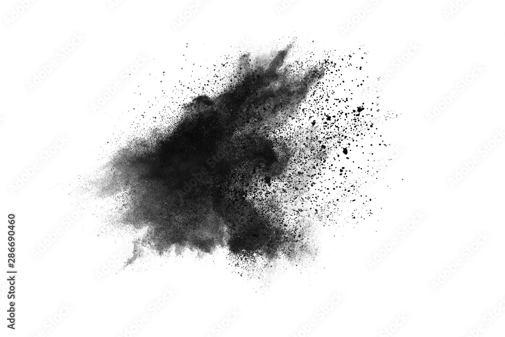 abstract powder splatted background. Black powder explosion on white ...