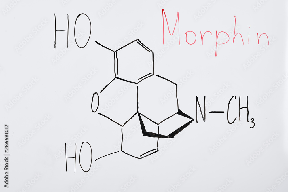 top view of white board with chemical formula and lettering morphin in ...