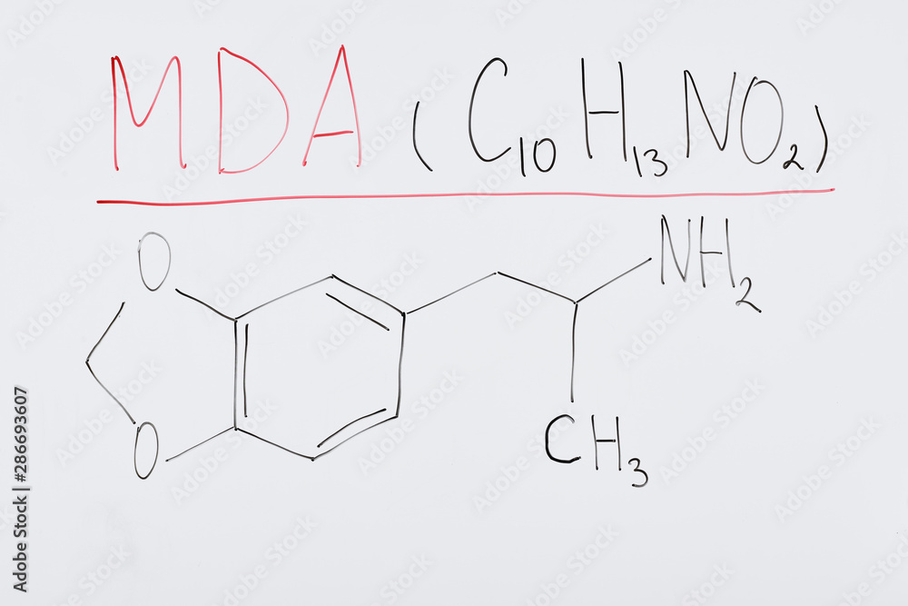 top view of white board with chemical formula and lettering mda Stock ...