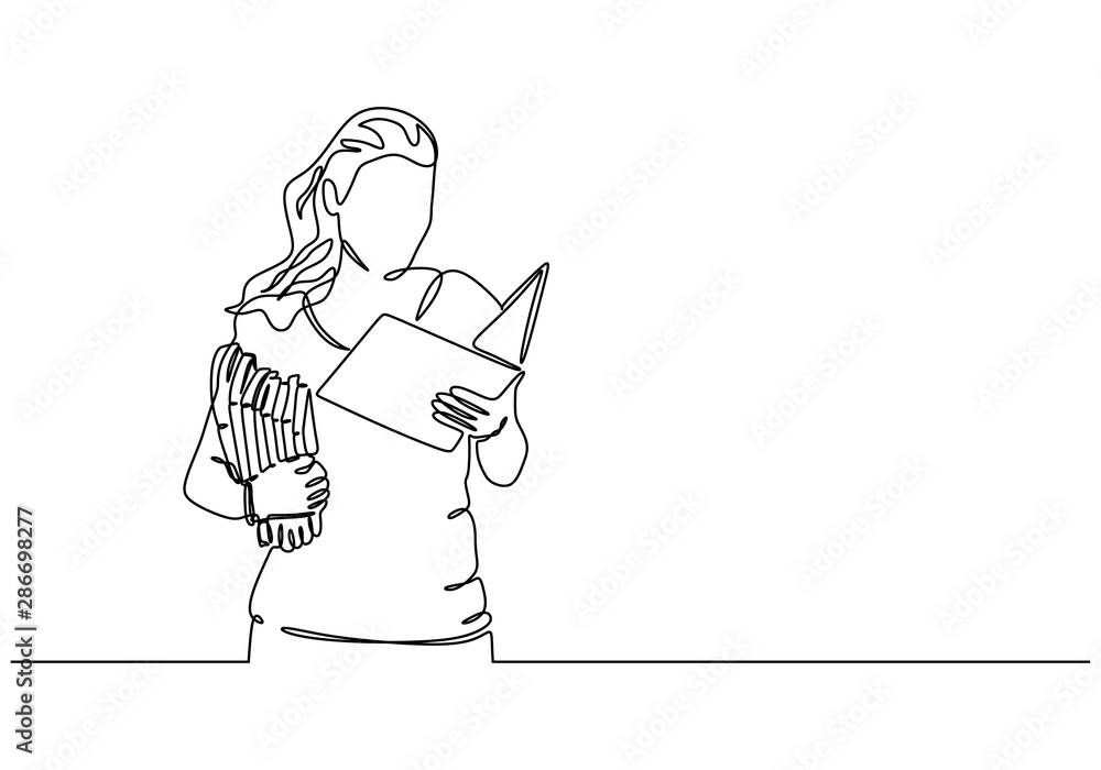 Continuous line drawing of girl with book and standing. Teenager ...