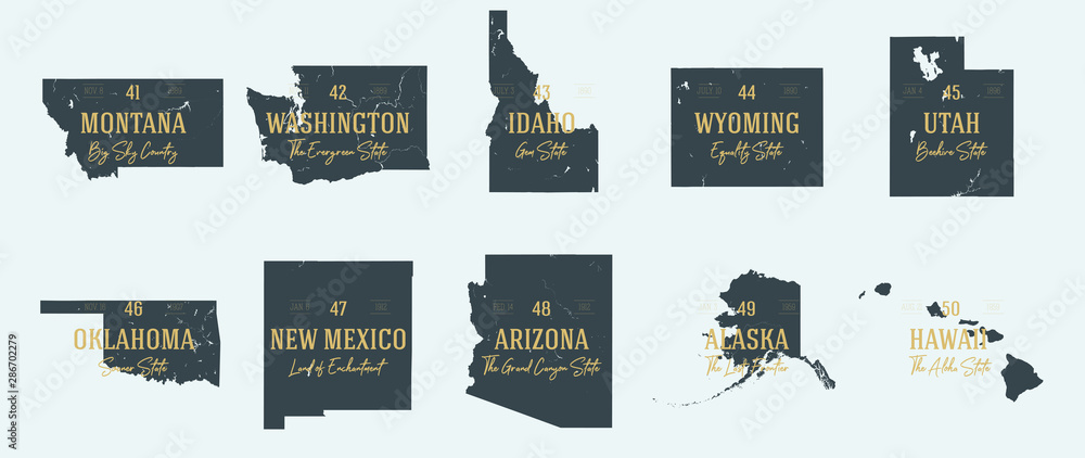 Set 5 of 5 Highly detailed vector silhouettes of USA state maps with ...