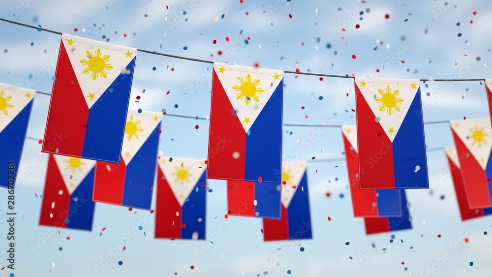 Philippine flags in the sky with confetti. Stock Photo | Adobe Stock
