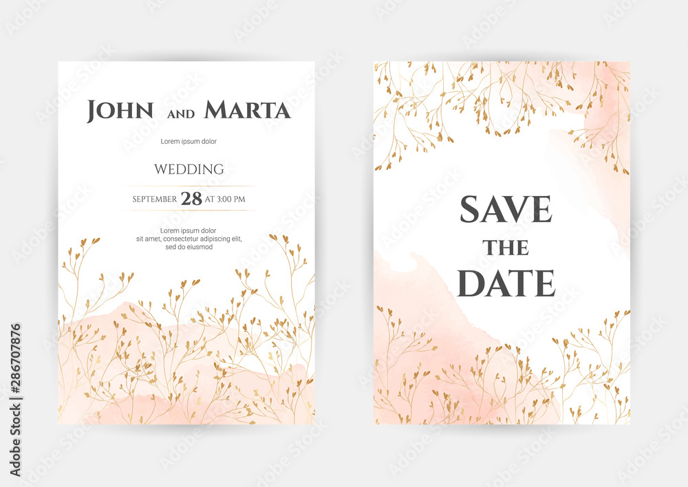 wedding invitation templates. Cover design with gold leaves ornaments ...