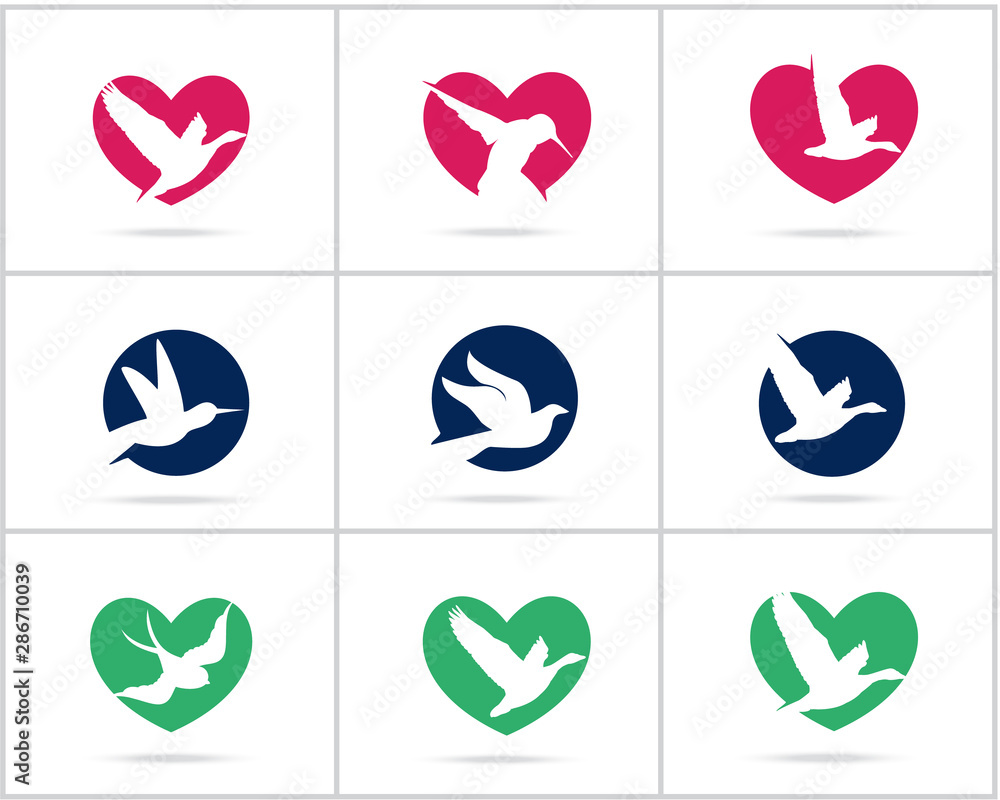 Birds logo collection. Duck in heart icons, dove and Humming bird in ...