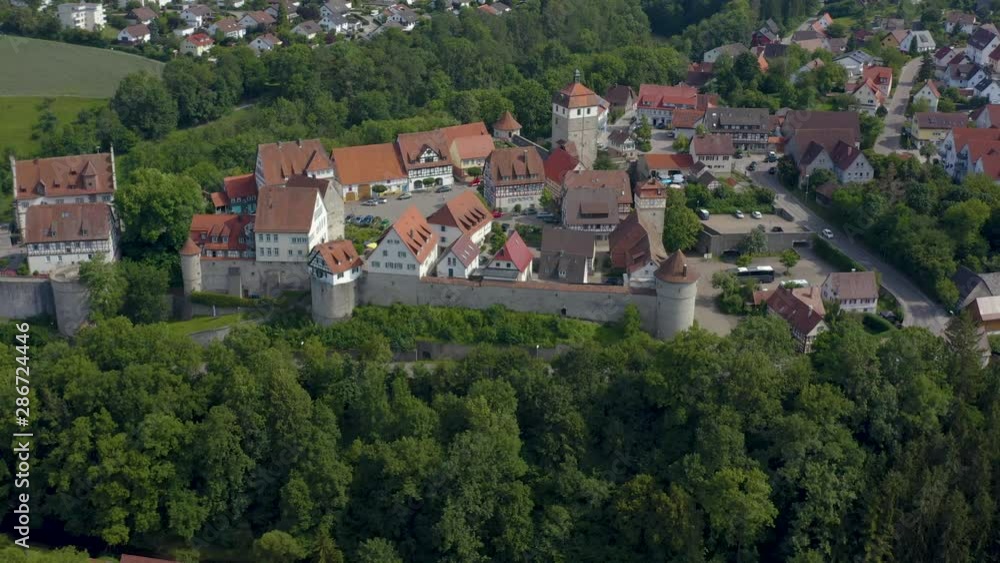 Aerial view of the village and castle Vellberg in Germany on a sunny ...