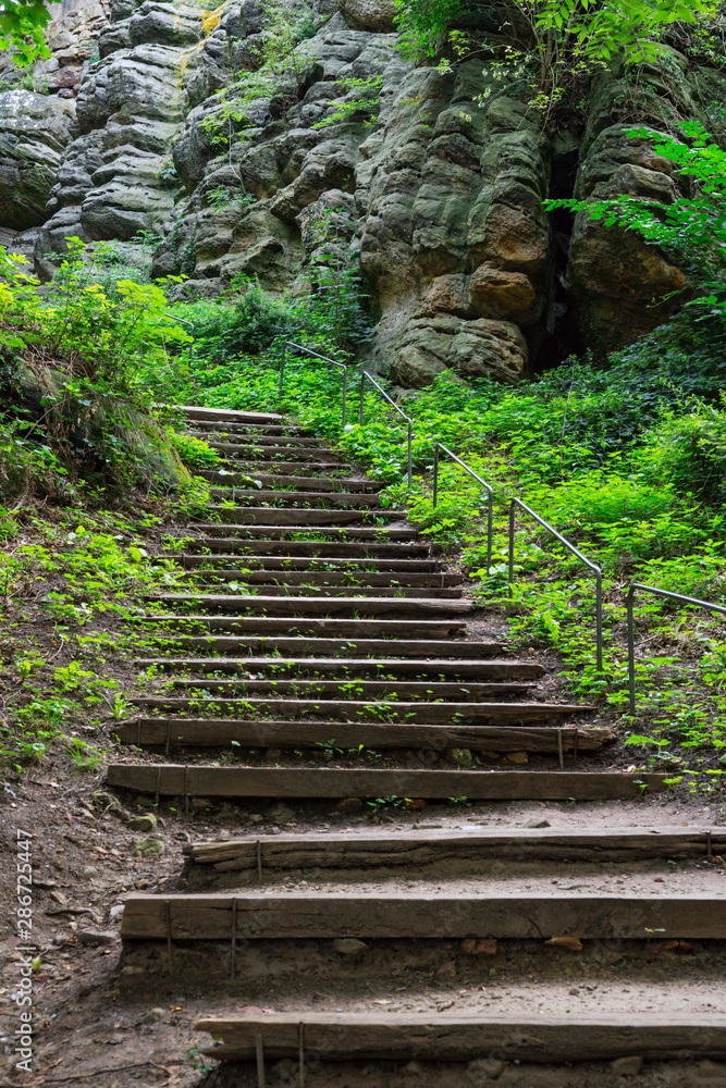 stairs and rock in public park called Schlosspark in Bad Bentheim ...