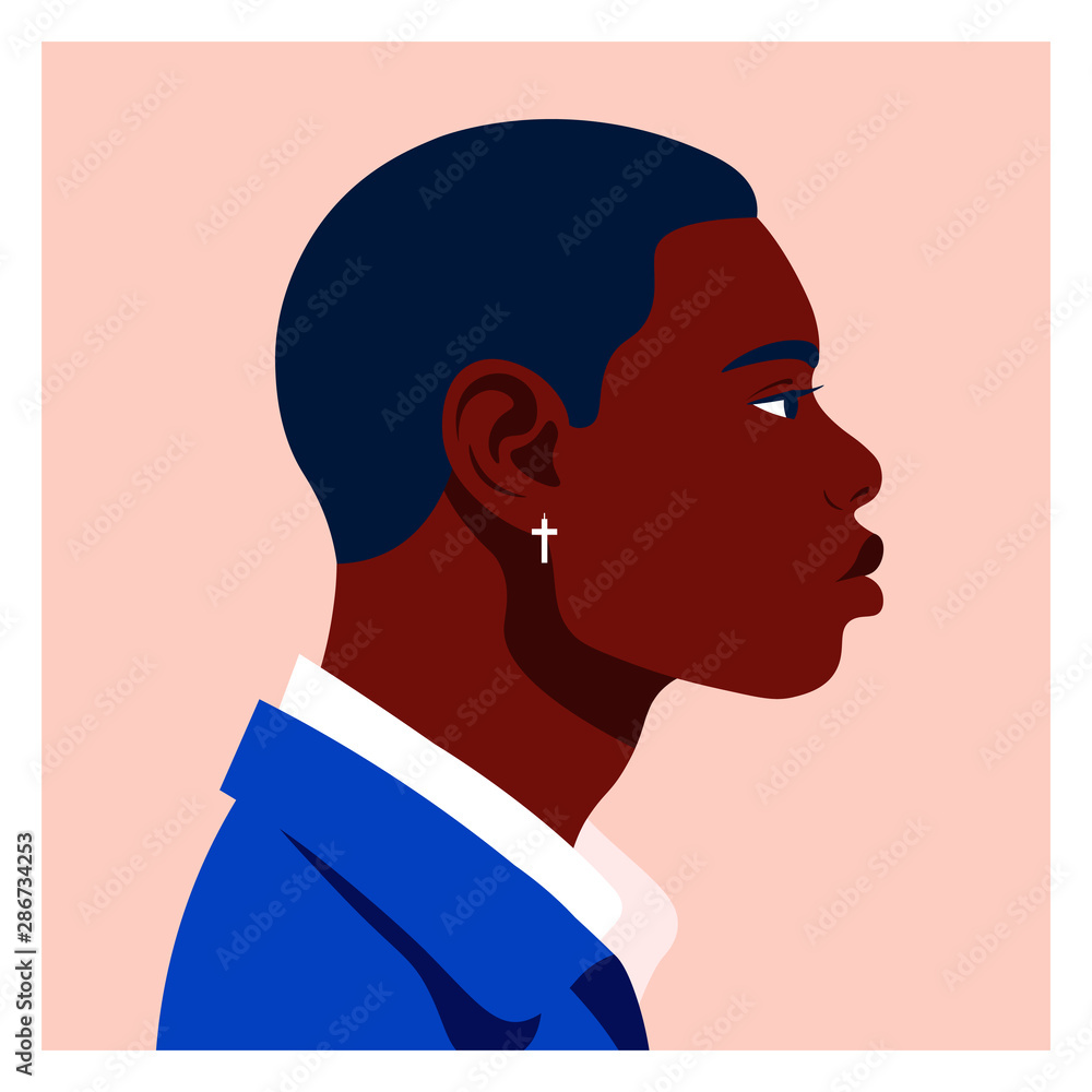 Portrait of an African man in profile. The guy’s head is on the side ...