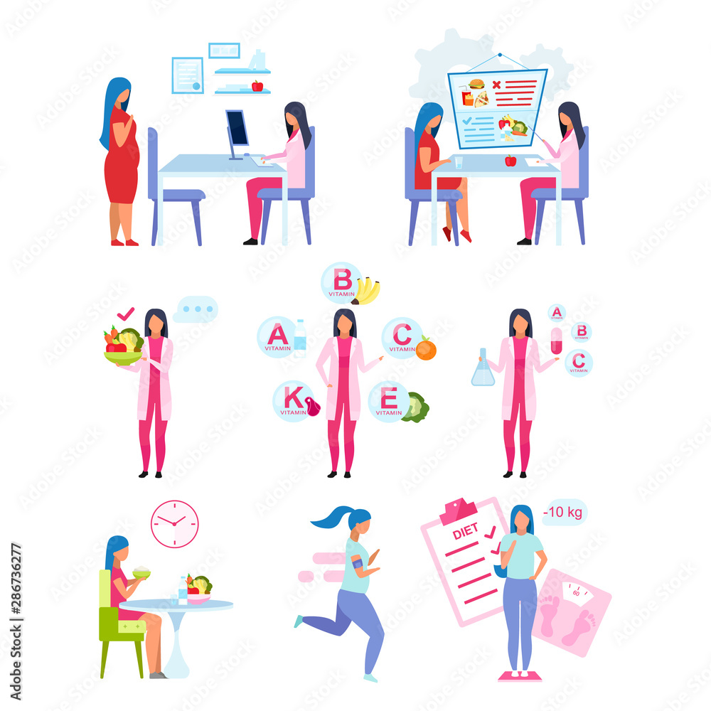 Healthy Lifestyle Flat Vector Illustrations Set Nutritionist