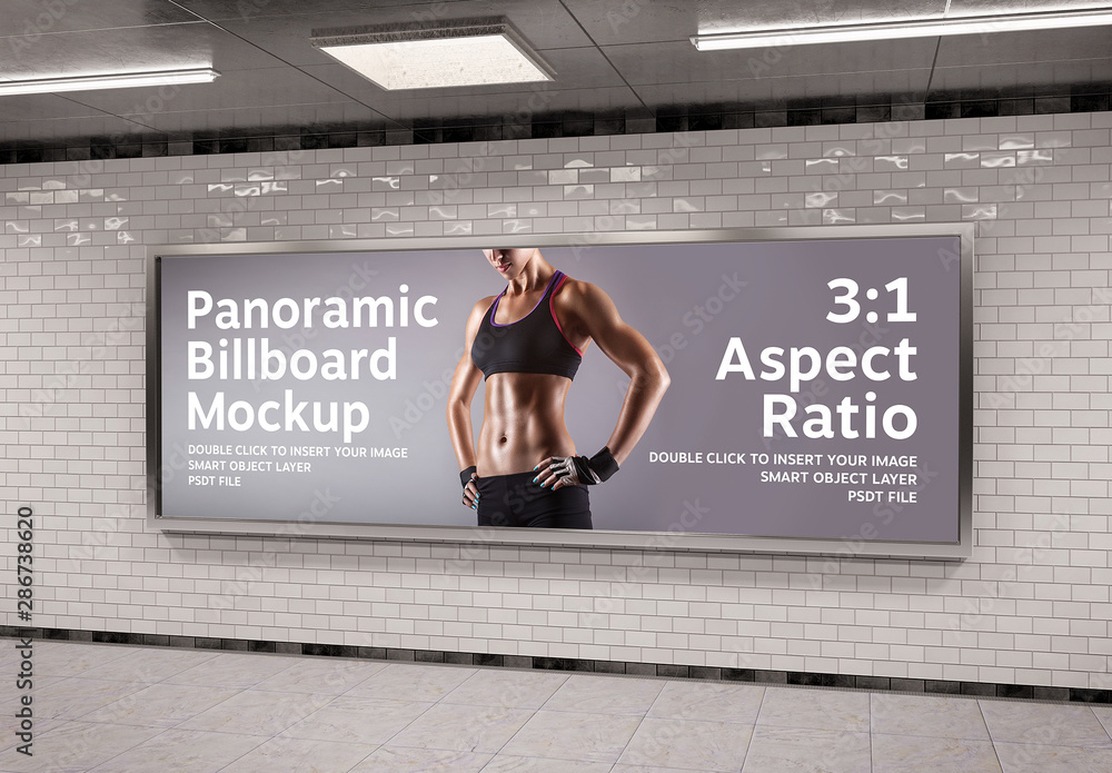 Panoramic Frame Billboard on Tile Wall Mockup Stock Template | Adobe Stock