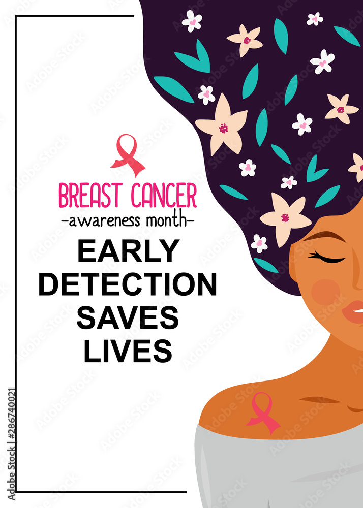 Early detection saves lives.Woman portrait with pink ribbon - symbol of ...