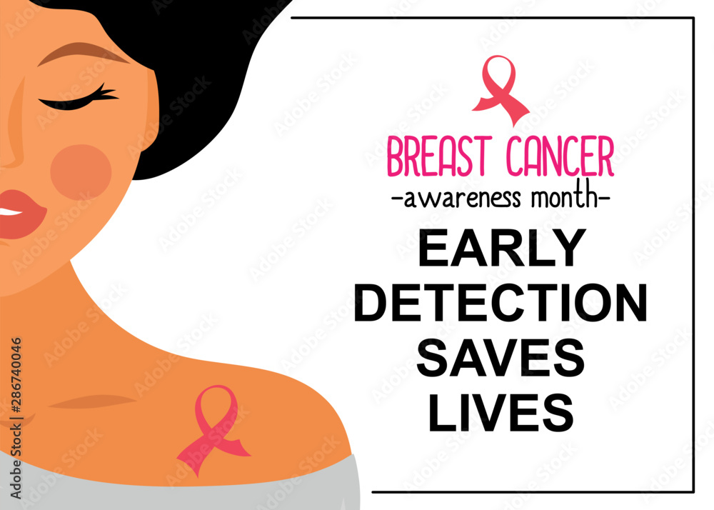 Early detection saves lives.Woman portrait with pink ribbon - symbol of ...