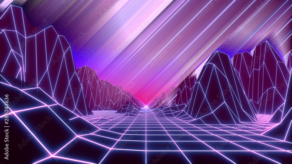80s retro background 3d render. Retrowave low poly landscape with neon ...