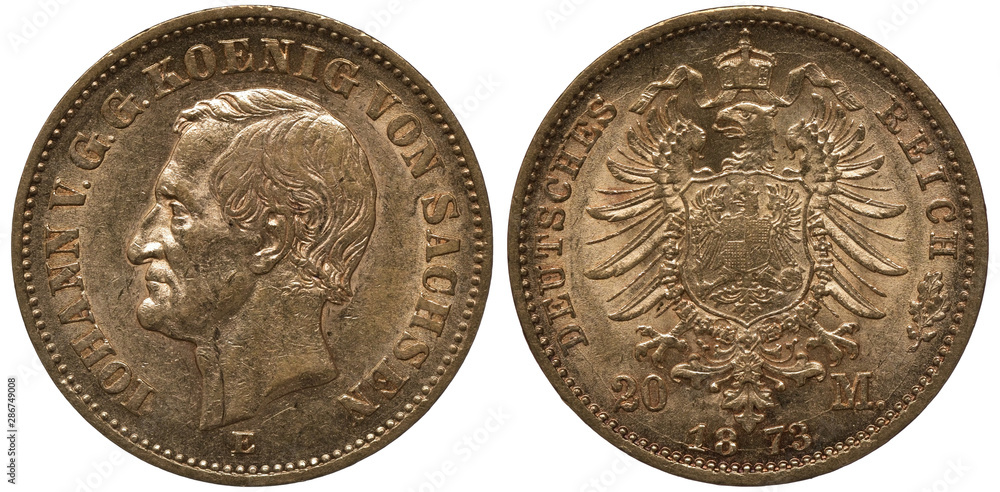Germany German Saxony Saxon golden coin 20 twenty mark 1873, head of ...