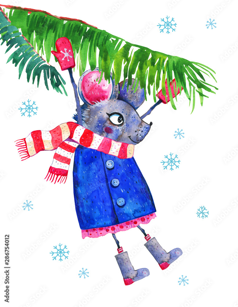 Cartoon mouse character in winter clothes on a spurce branch. Hand ...
