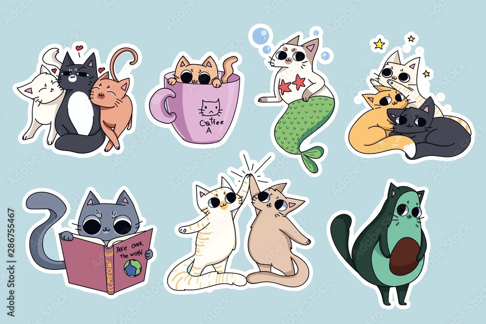 Set of cute cats stickers. Avocado cat, coffee-cat. Cat reading a book ...