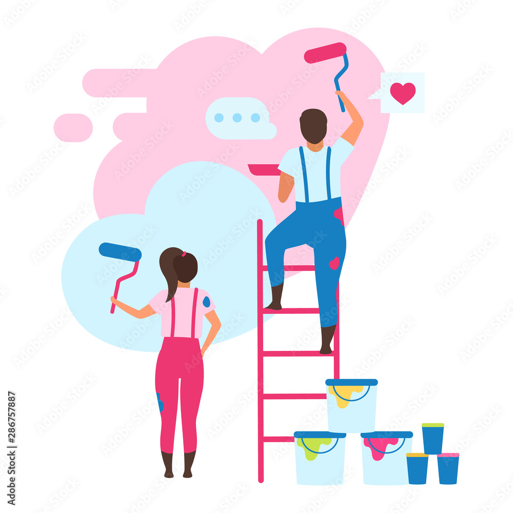 Family decorating home flat vector illustration. Wife and husband ...