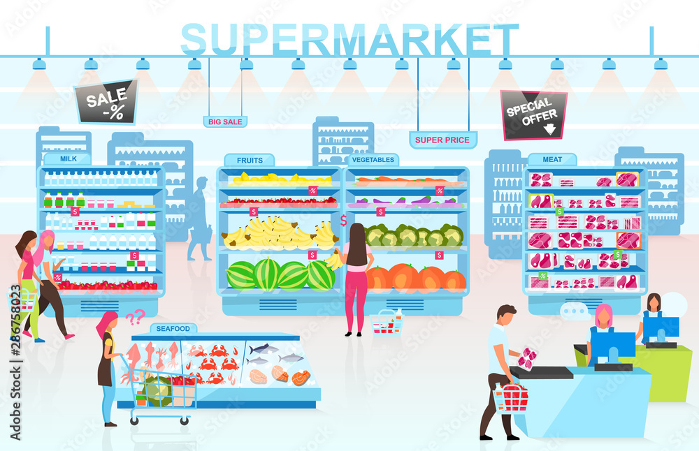 Supermarket interior flat vector illustration. People buying goods in ...