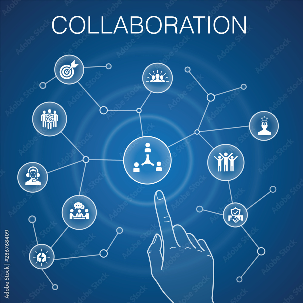 collaboration concept blue background teamwork, support, communication ...