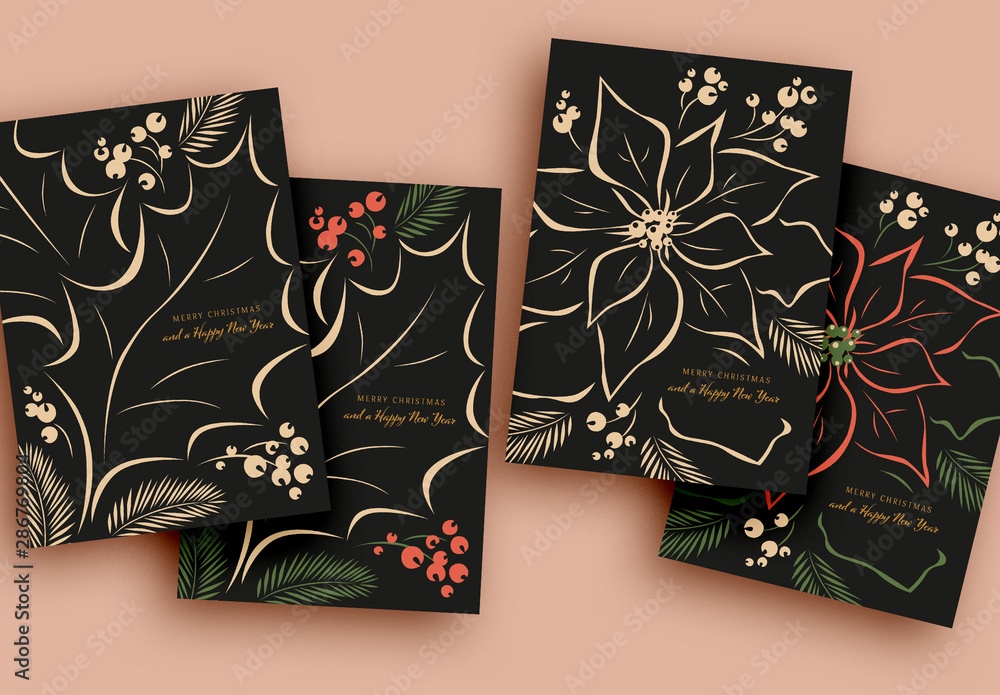Christmas Cards Layout Set with Holly Illustrations Stock Template ...