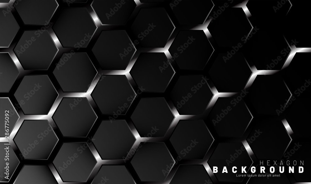 Abstract black hexagon pattern on a technology style of neon gradient ...