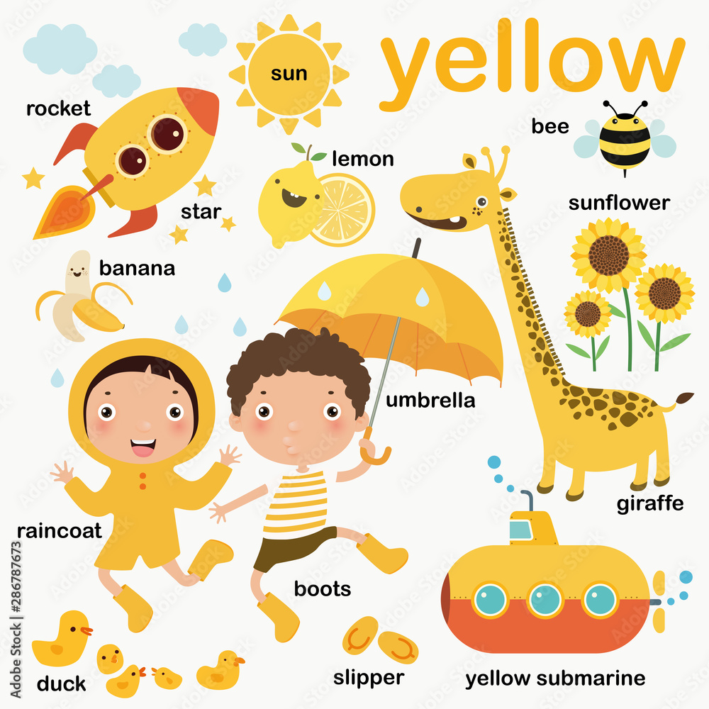 Learn yellow color, Educate color and vocabulary set, Illustration of ...