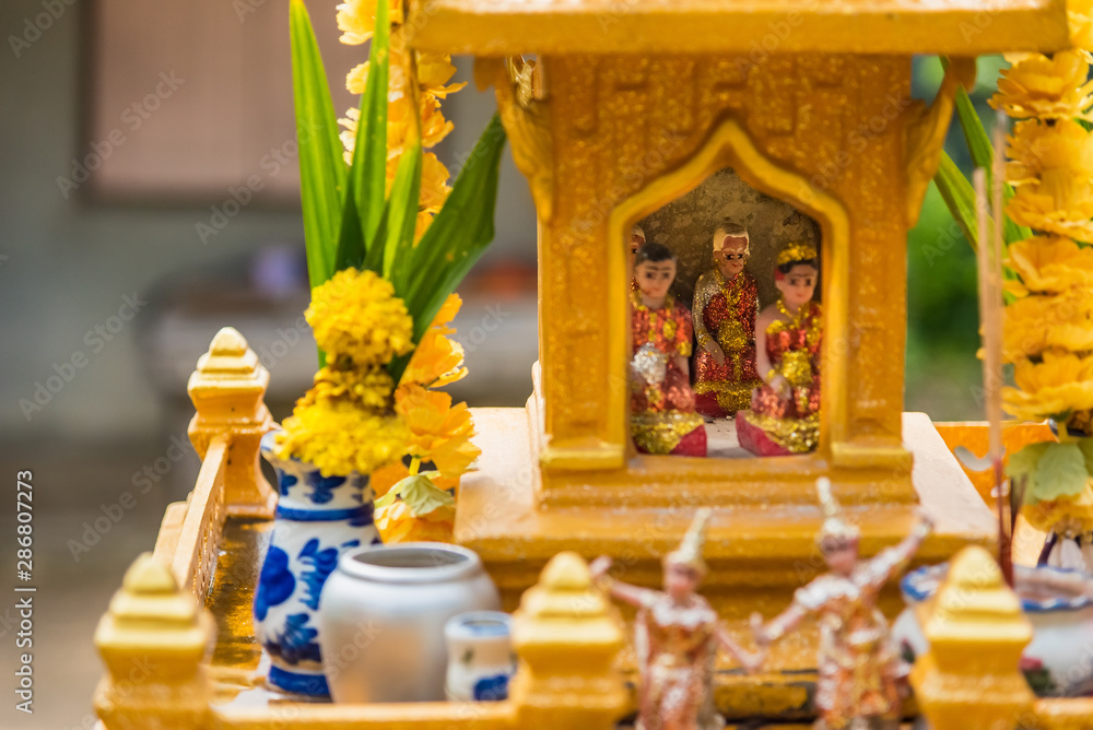 Miniature guardian spirit house. Small buddhist temple shrine, colorful ...