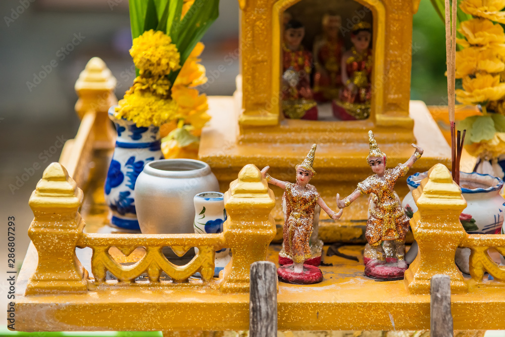 Miniature guardian spirit house. Small buddhist temple shrine, colorful ...