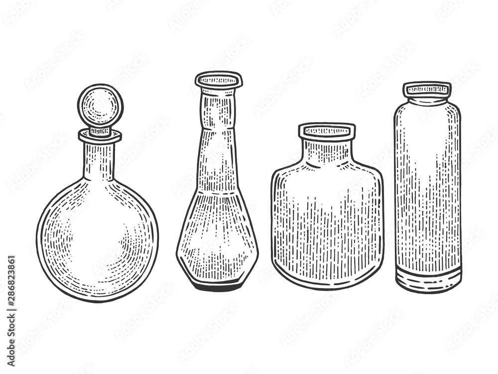 Chemical laboratory flasks sketch engraving vector illustration ...