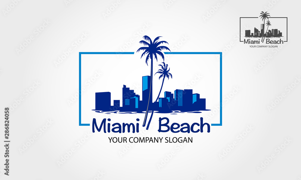 Miami beach vector logo in silhouette style with beach, palm tree and ...