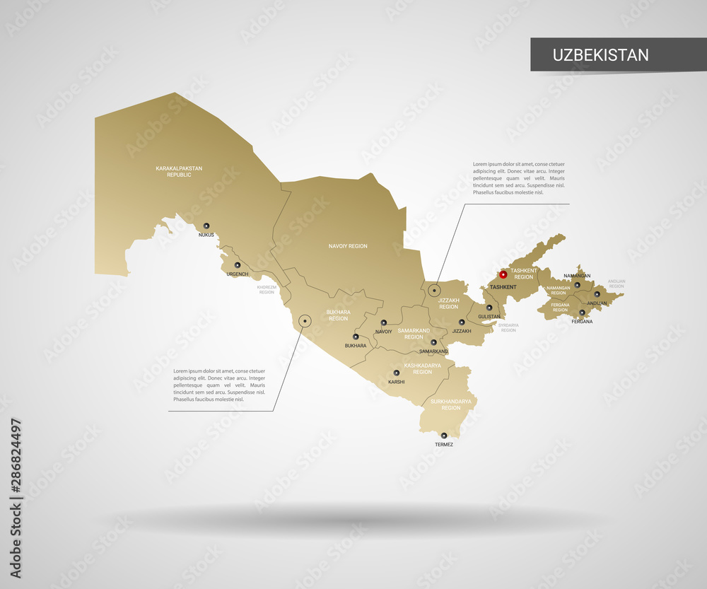 Stylized vector Uzbekistan map. Infographic 3d gold map illustration ...