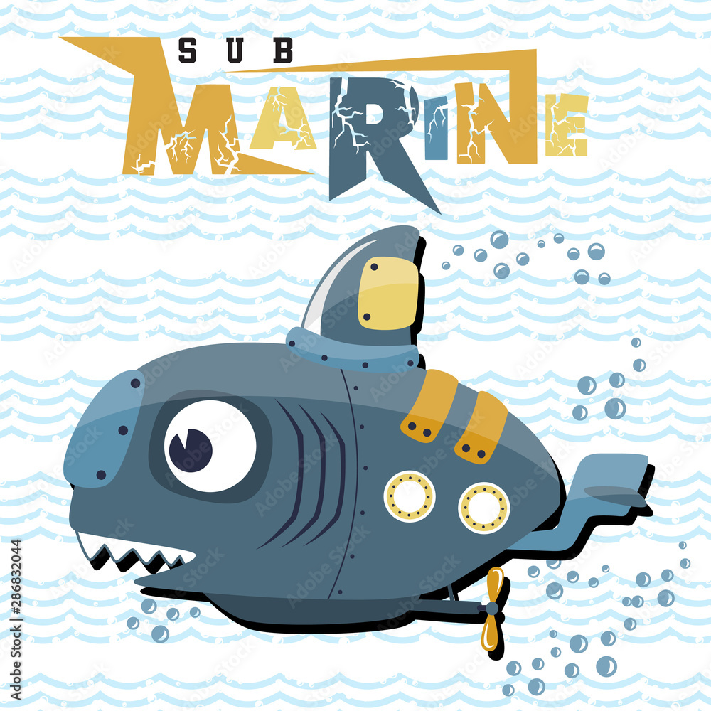 submarine robot on ripple water background, vector cartoon illustration ...