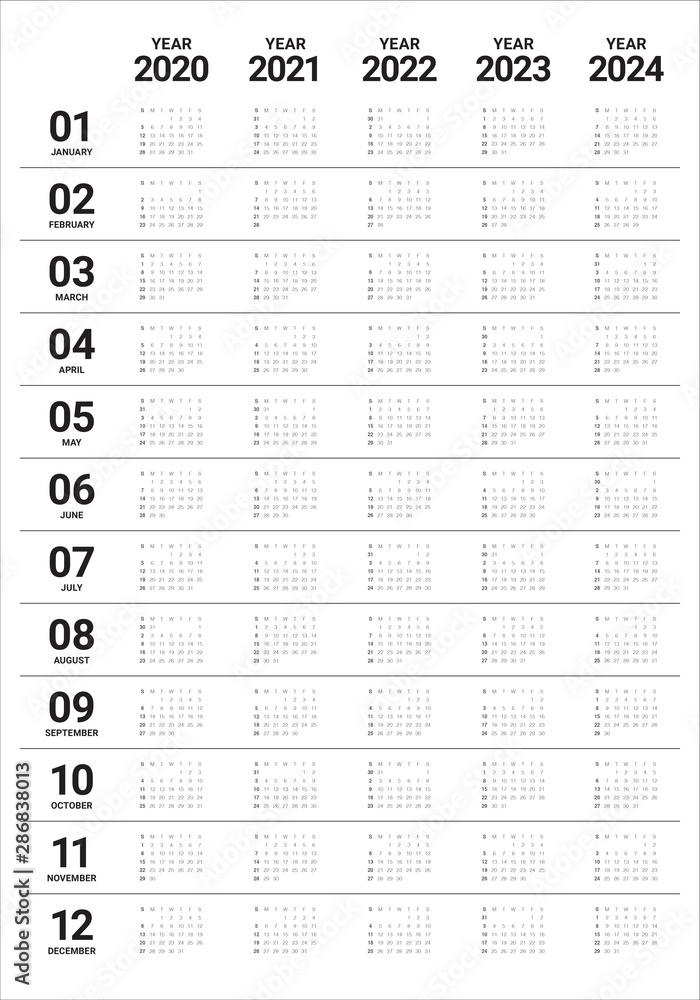 Year 2020 2021 2022 2023 2024 calendar vector design template Stock ...