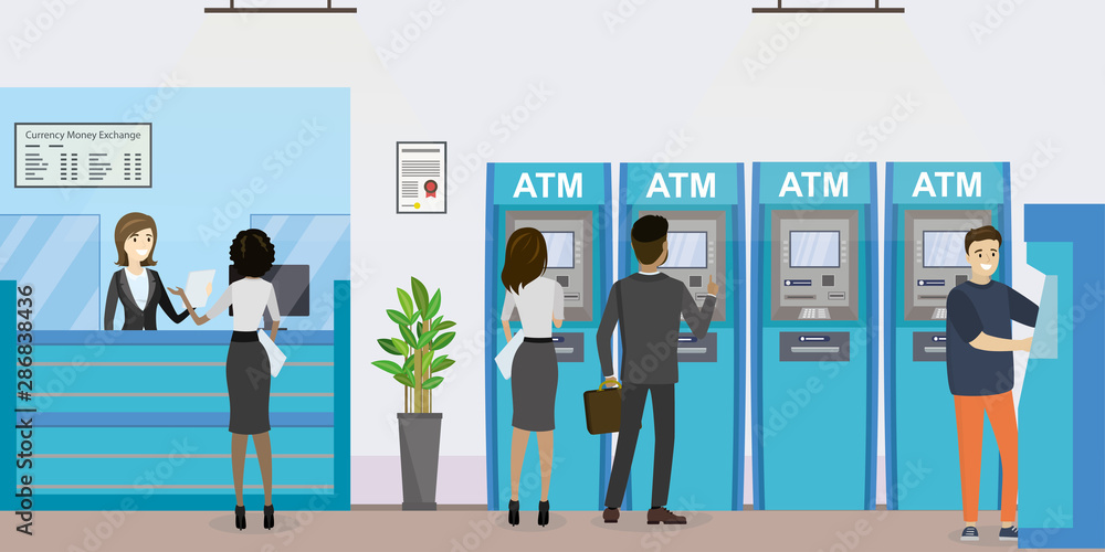 People inside bank, office interior design. Concept with business ...