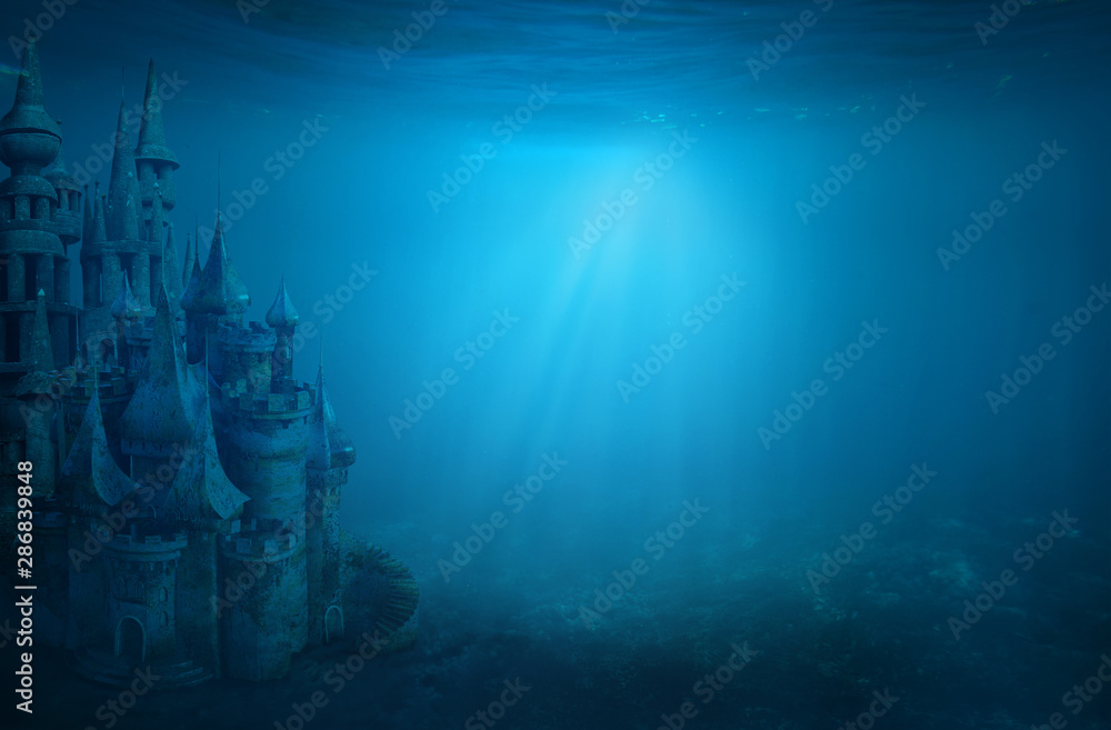 Old ruin castle under the sea Stock Illustration | Adobe Stock