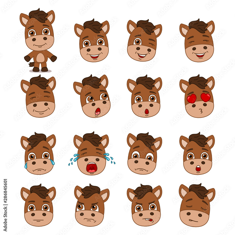 Big set of heads with expressions of emotions of funny horse in cartoon ...