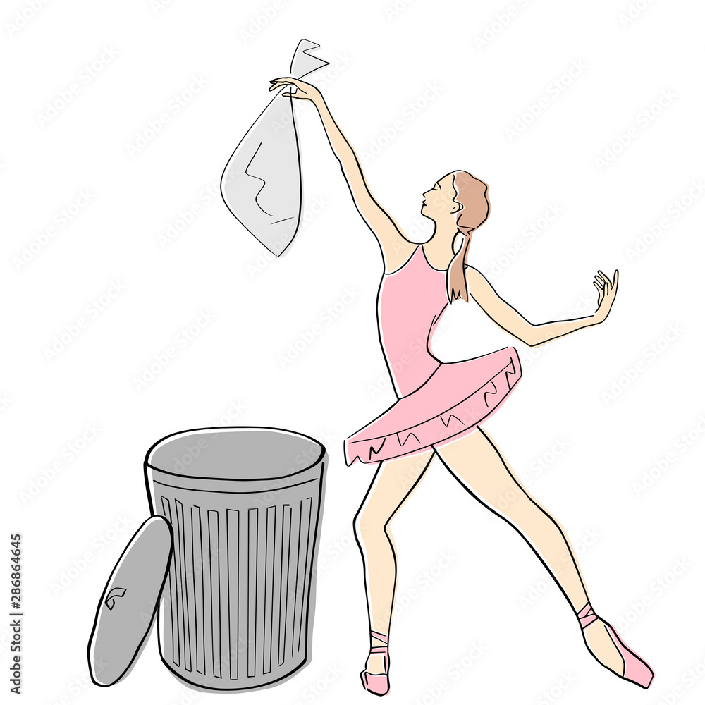 Vecteur Stock Ballerina in ballet tutu and pointe shoes throws a bag of ...
