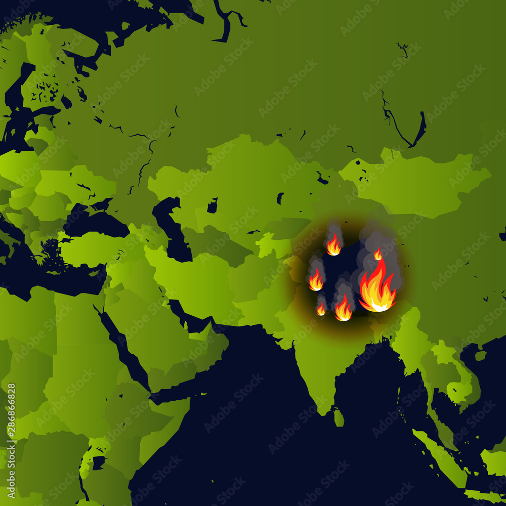 Forest fires banner, fire place on map, disaster news, paper that burns ...