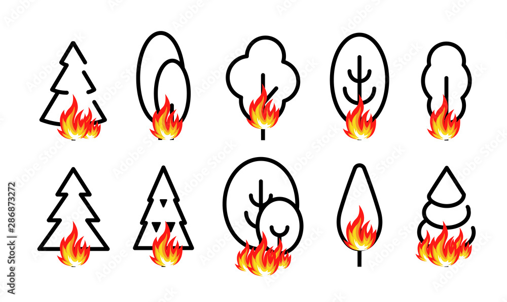 Set of trees icon with fire, stop bonfire in forest icons. Line simple ...