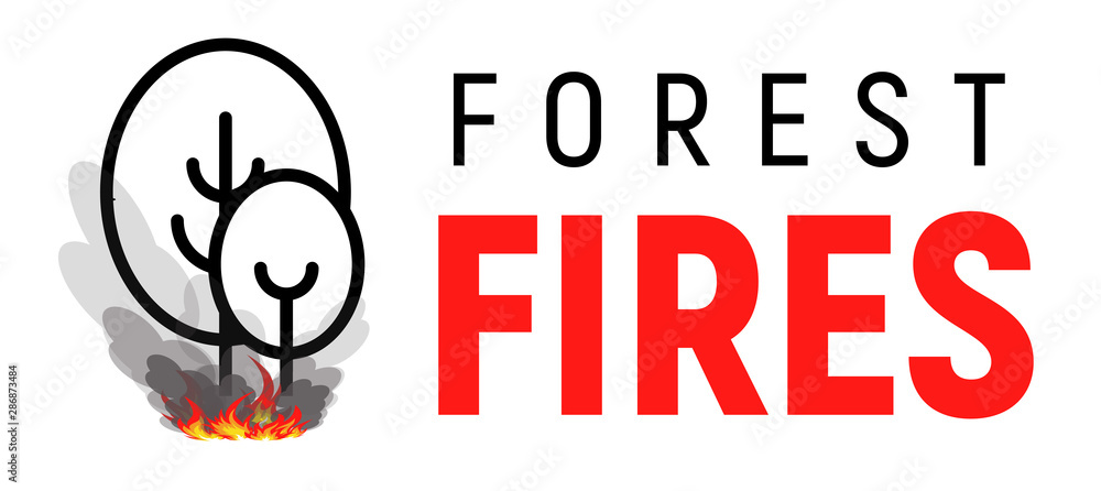 Forest fires. Two trees with bonfire under them. Flat line logo ...